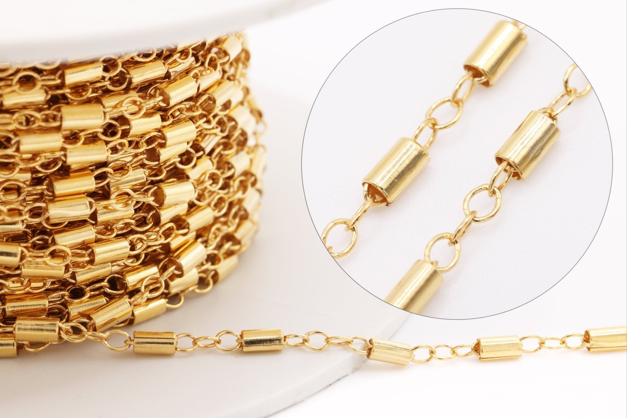 1.5mm x 3mm Tube Bar Chain, 14K Solid Gold, Cylinder Straight Tube Bar