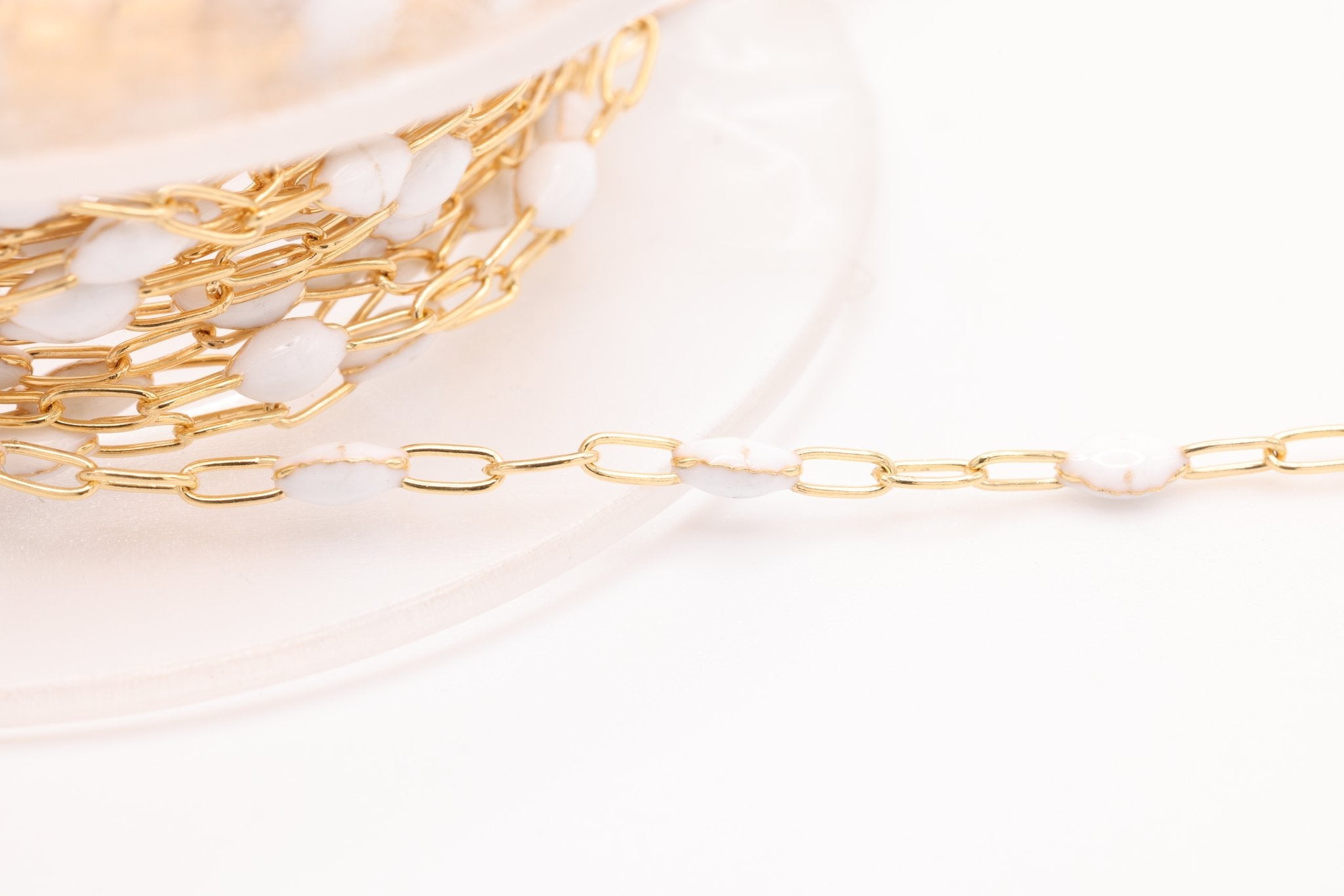 2mm x 2.5mmmm Paperclip White Enamel Chain, Gold-Filled, Enamel Color