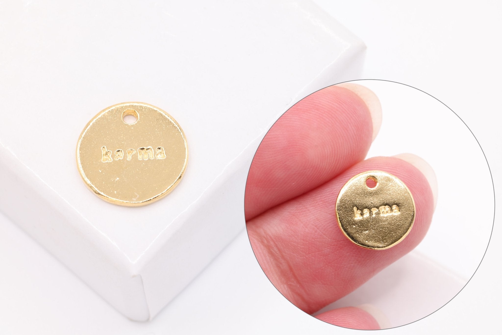 Karma Stamp Charm Wholesale 14K Gold, Solid 14K Gold, G92